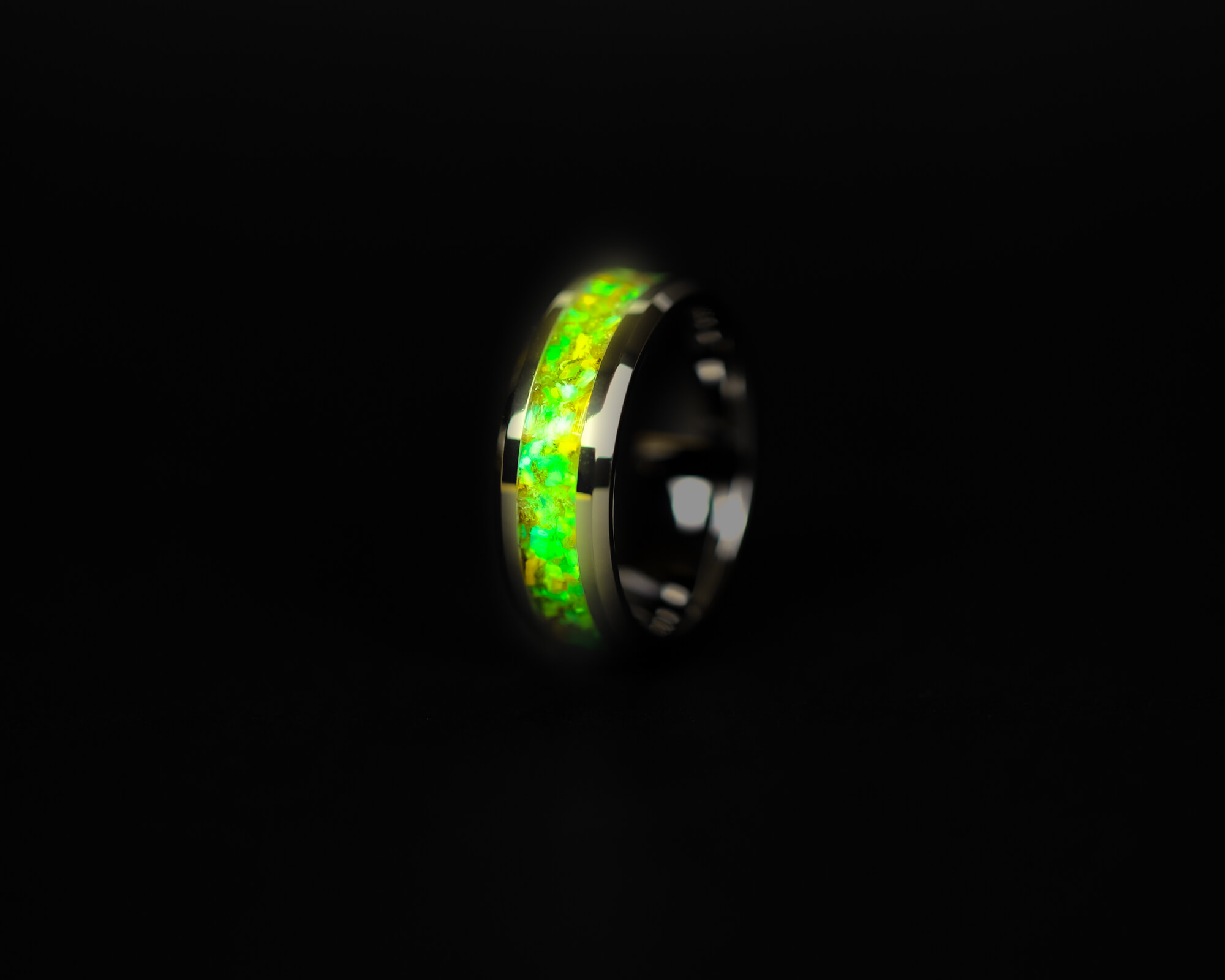 Green Glow Velociraptor Meteorite Ring - Tungsten | Space Age Rings